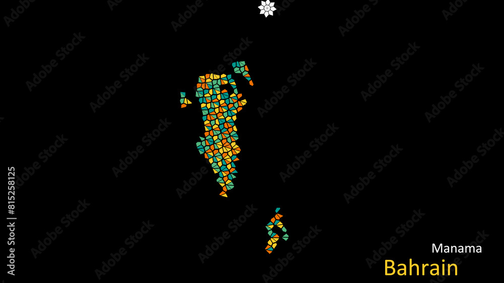 A map of Bahrain is presented as a mosaic with a dark background, and ...