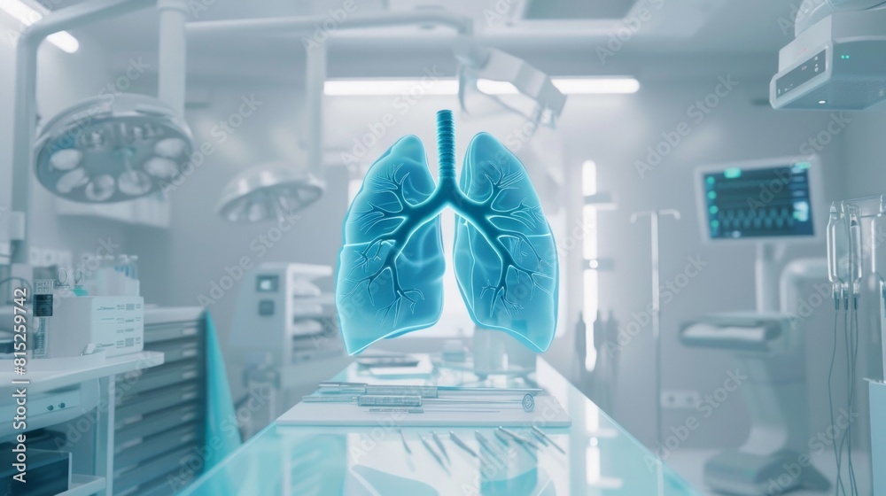 3D hologram of lungs in blue floating above glossy white table ...