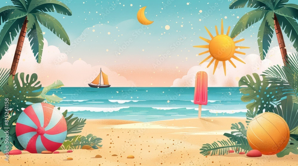 summer clipart set with sun, beach ball, and popsicle on beach backdrop ...