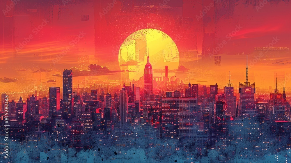 retro cityscape art, retro pop art cityscape illustration with ...