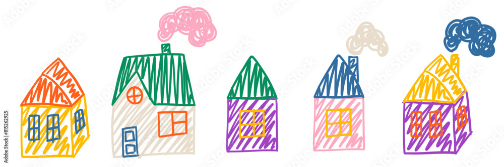 Kids house doodle drawings set. Collection freehand child baby drawn ...