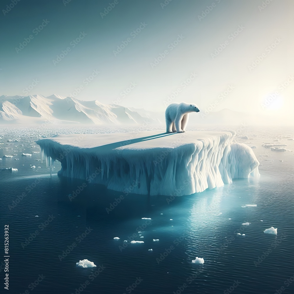 Lone polar bear standing on a shrinking iceberg, representing the ...