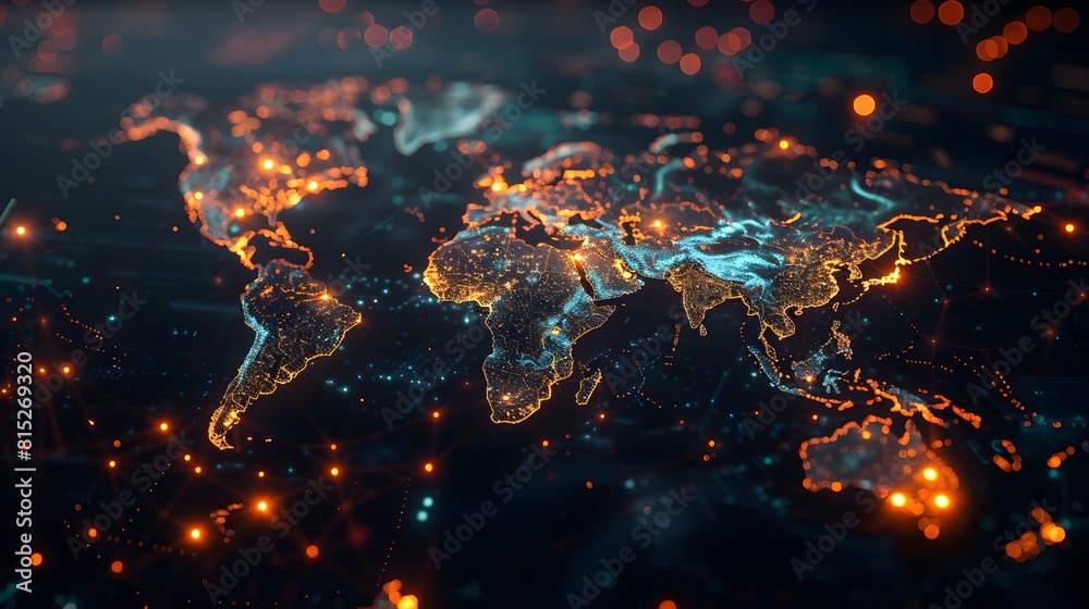 Glowing world map on dark background. Globalization concept ...