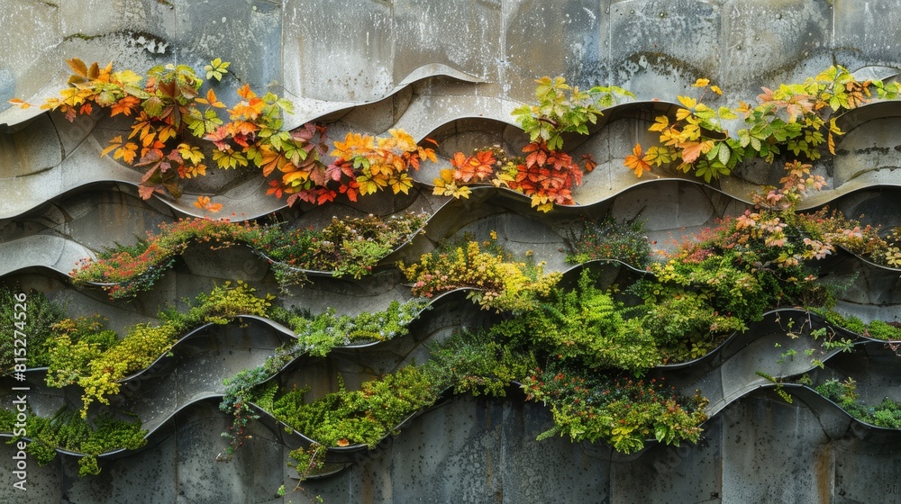 vertical garden installation, vivid patterns of vines and leaves ...