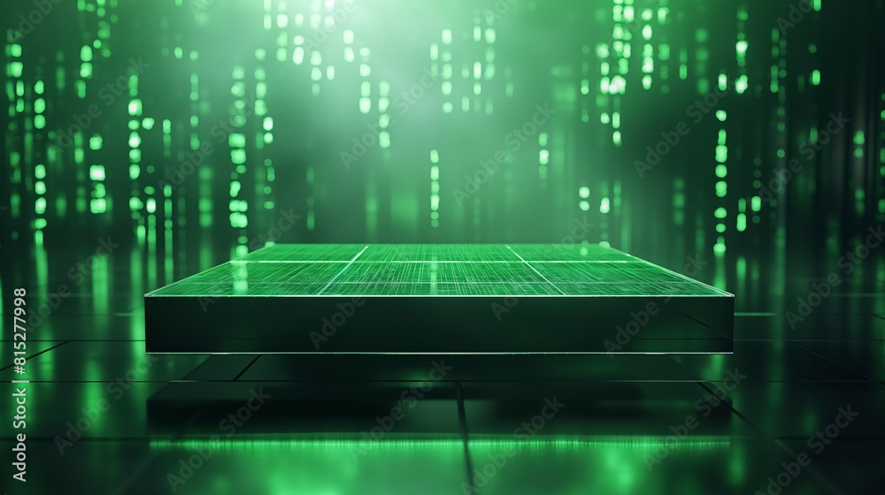 The image is a 3D rendering of a green platform with a glowing green ...