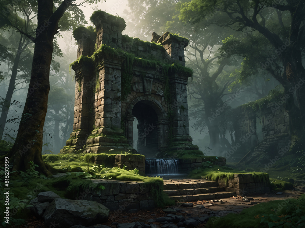 Moss covered ruins of victorian era buildings, royal gentry property ...