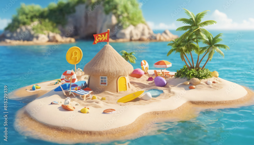 A small sand islet surrounded by the sea with beach symbols, very close ...