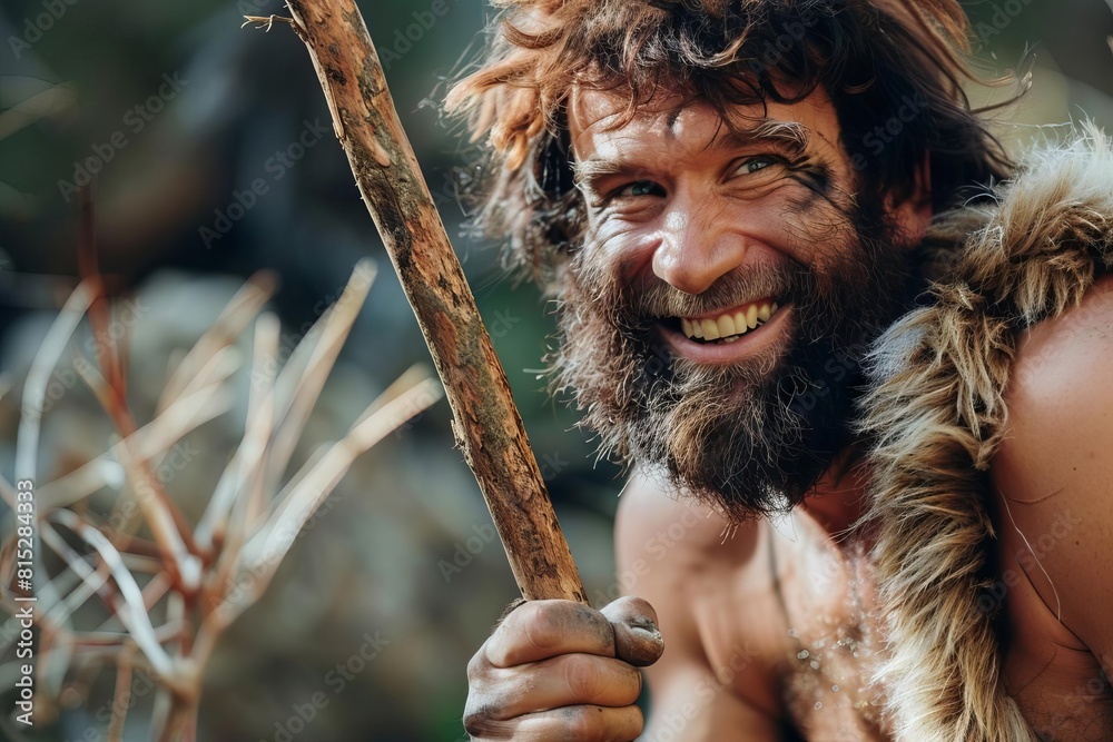 primitive caveman holding rudimentary wooden stick neanderthal man in ...
