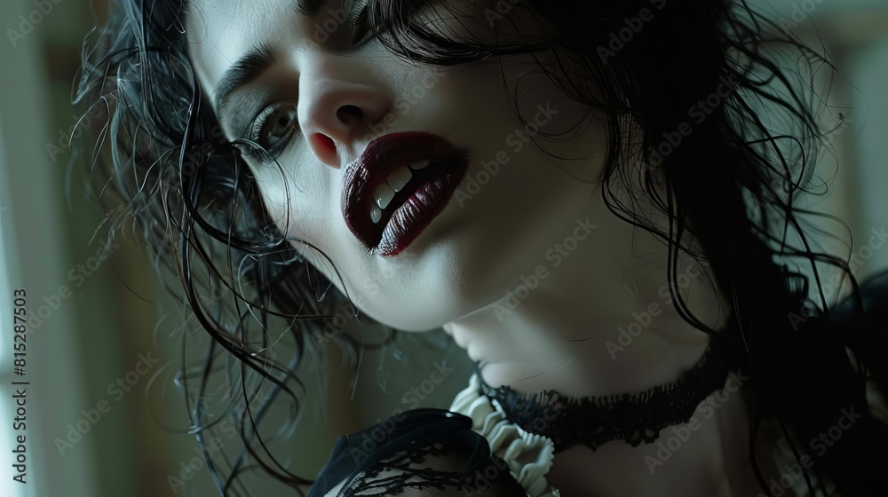 Visualize a woman vampire at a gothic ball, her fangs on display as she ...