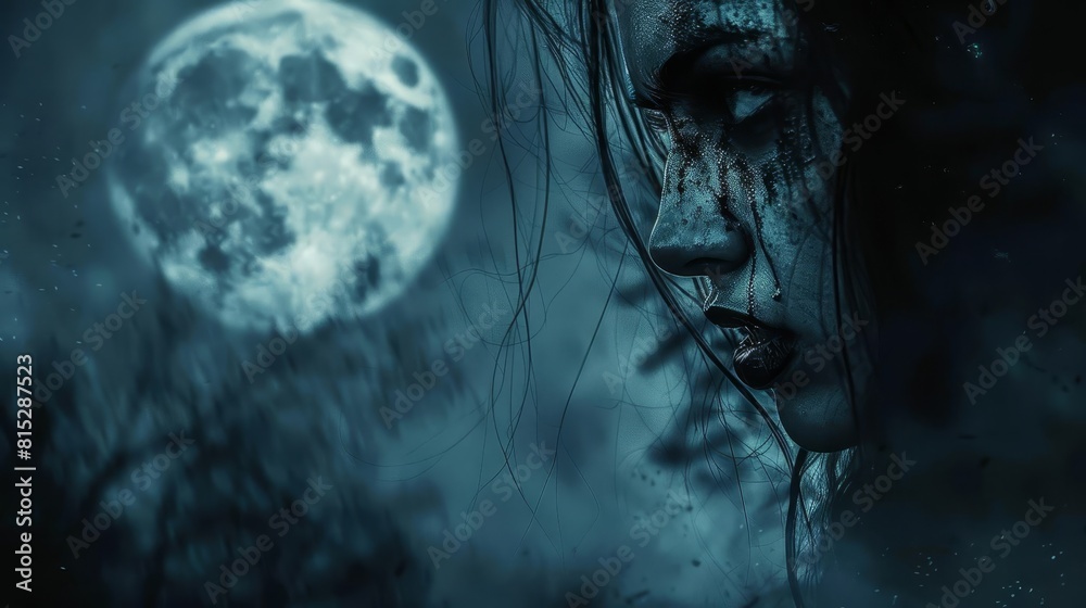 Visualize a woman vampire in a gothic forest, her fangs visible as she ...