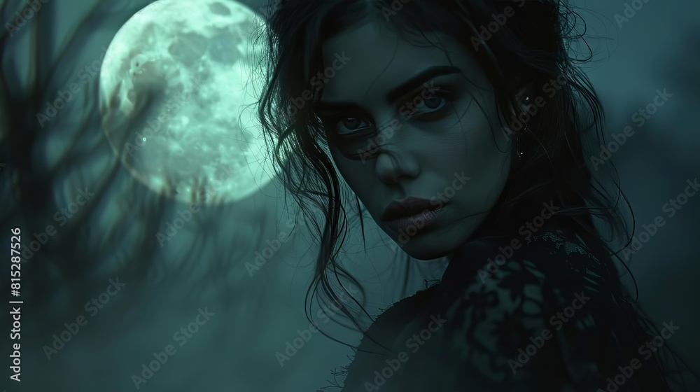 Visualize a woman vampire in a gothic forest, her fangs visible as she ...