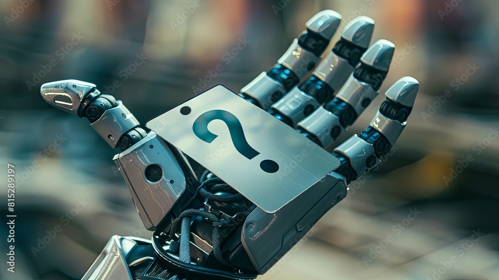 Robotic hand presenting a question mark - Close-up of a robotic hand ...