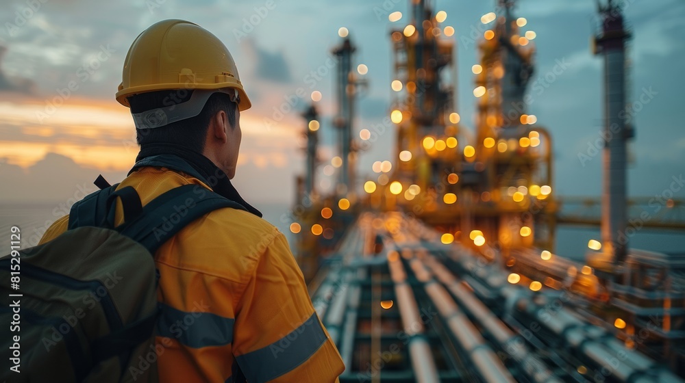 The petroleum engineer wearing safety suit at industrial. standards of ...