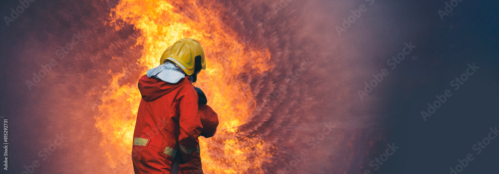 Firefighter fighting smoke flame use fire hose chemical water foam ...