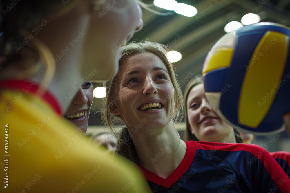 Blonde female volleyball players exhibit teamwork and joy as they work ...
