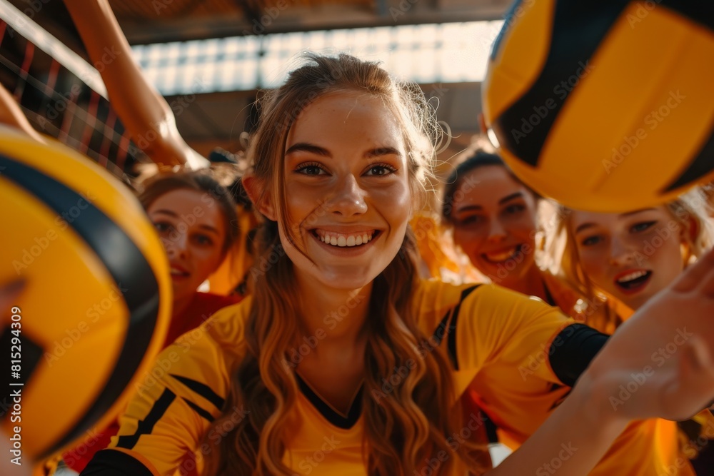 Blonde female volleyball players exhibit teamwork and joy as they work ...