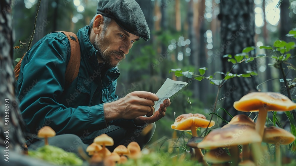 Mycologist studying fungal diversity in forest ecosystems, exploring ...