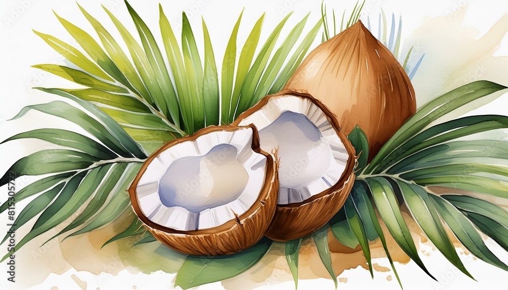 Green palm leaves and half a broken coconuts illustration. Watercolor ...