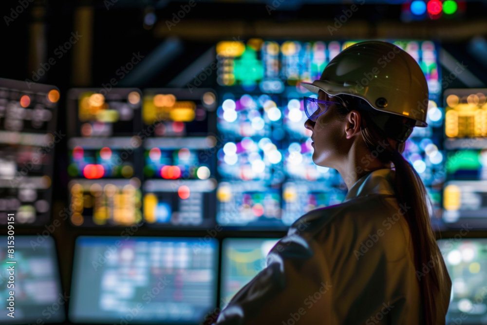 Caucasian woman wearing a hard hat and safety glasses, overseeing ...
