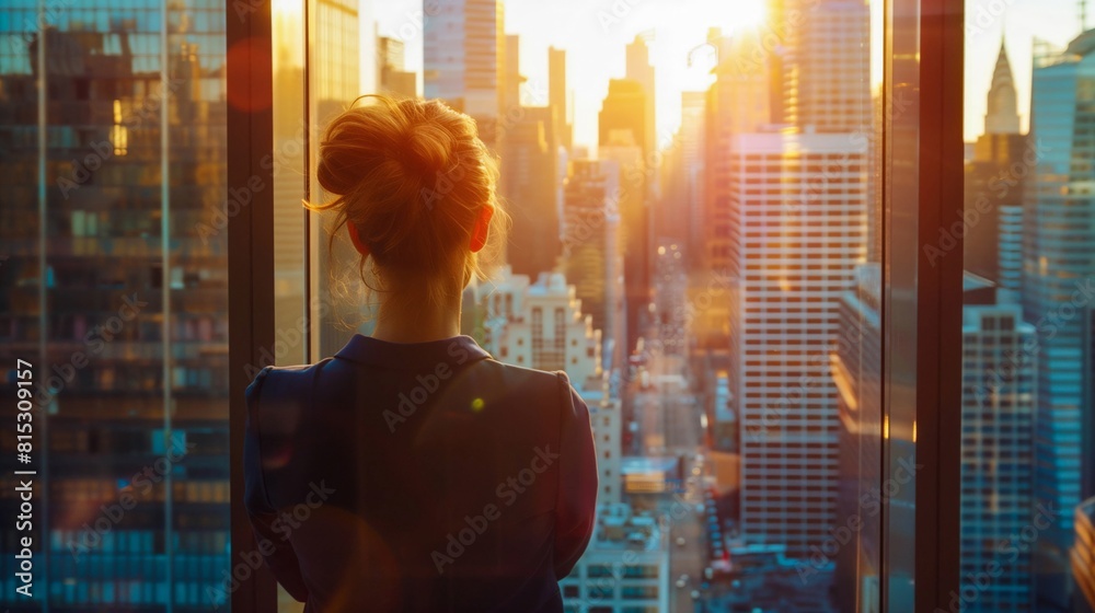 Early morning view from a high-rise office window overlooking a vibrant ...