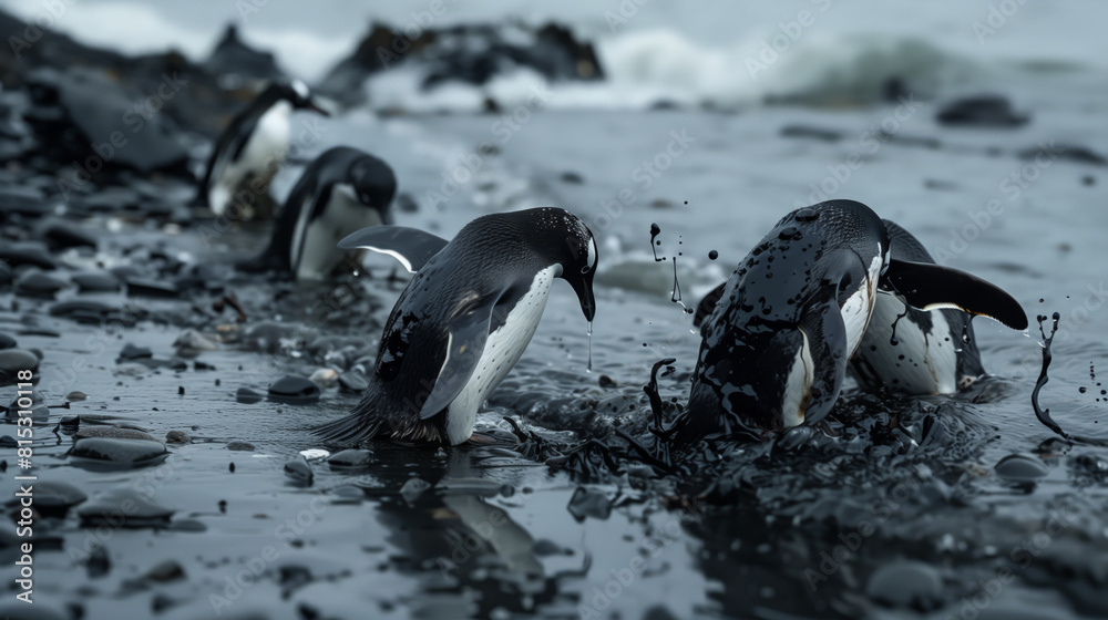 A group of penguins got smeared in fuel oil. An oil spill in the ocean ...