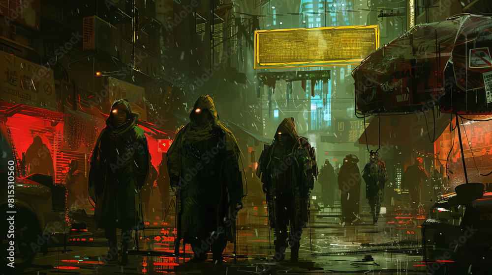 Develop a cyberpunk narrative set in a gritty urban landscape where ...