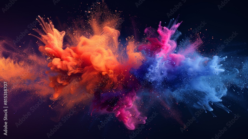 The image shows a colorful powder explosion on a black background. The ...