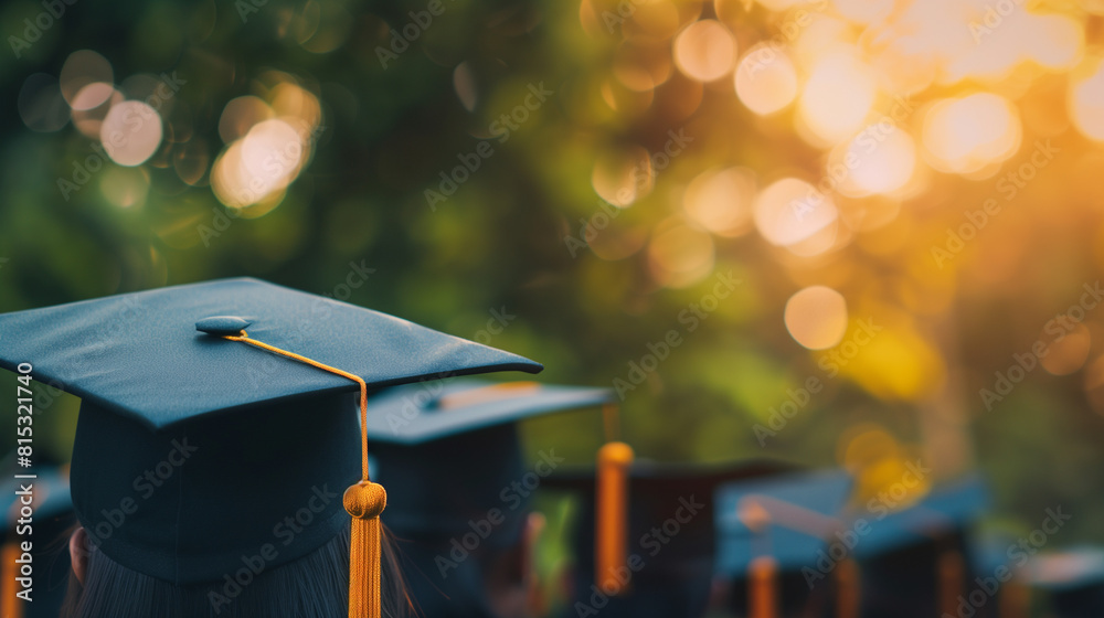 Shot of graduation hats during commencement success graduates of the ...