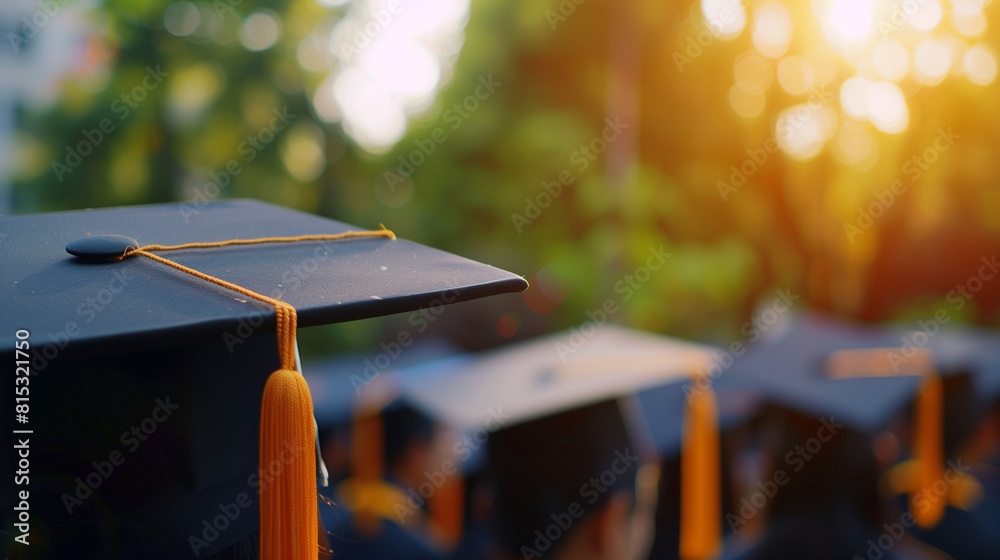 Shot of graduation hats during commencement success graduates of the ...