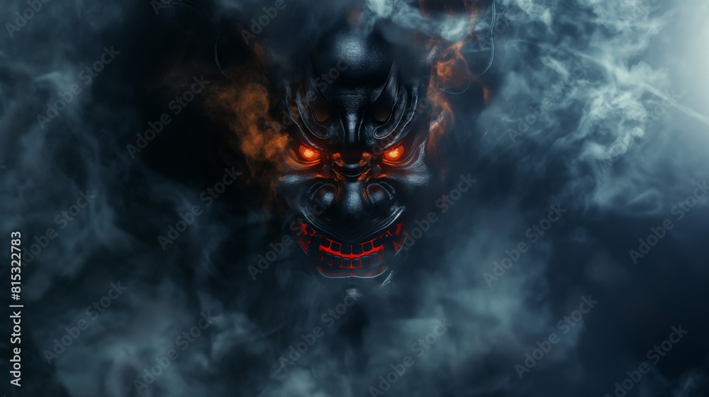 A Japanese Oni mask with glowing red eyes against a smoke background ...