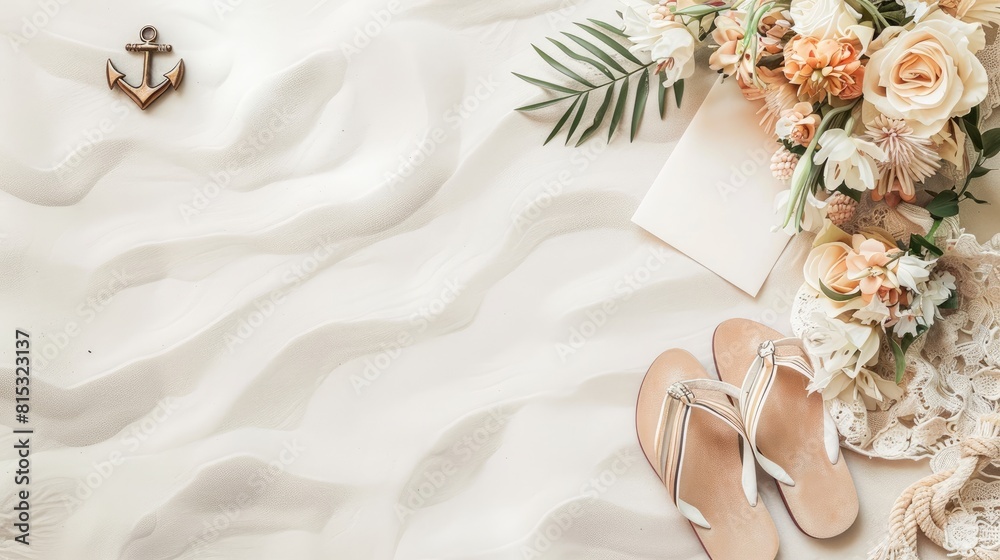 A beach-themed flat lay with sandals, a bouquet, an anchor pin, and an ...