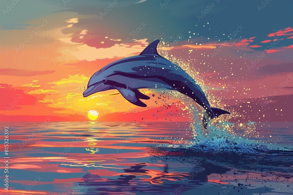 Dolphin leaping happily at sunset flat design top view marine life ...