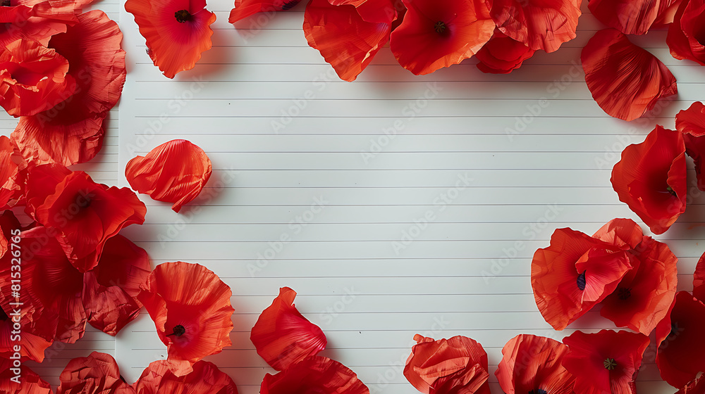 Red poppy petals scattered on a blank page, inviting reflection and ...