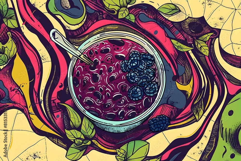 Vibrant Acai Bowl Smoothie with Dynamic Line Art and Textured Surface ...