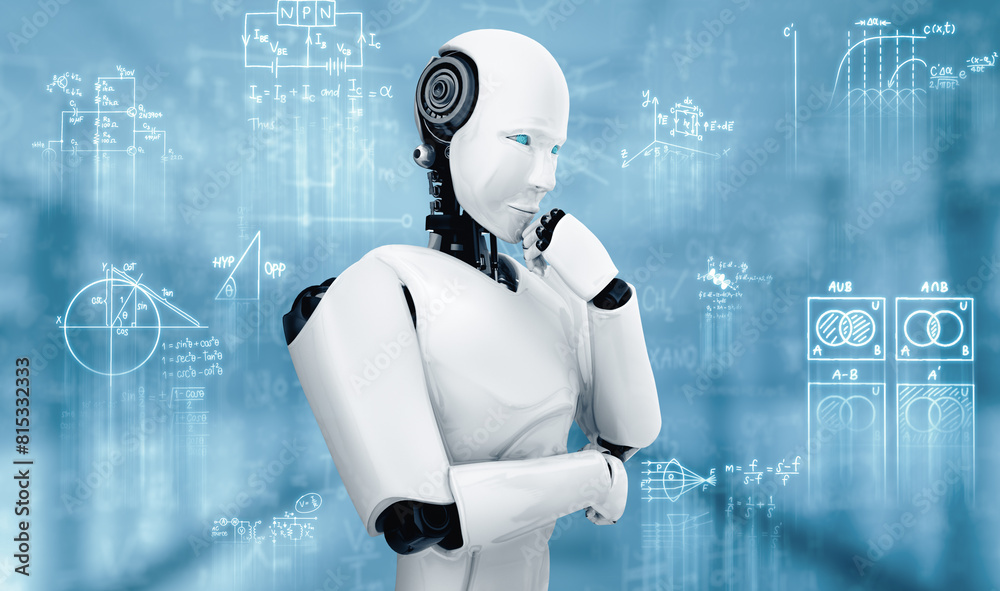 MLP 3d illustration Thinking AI humanoid robot analyzing screen of ...