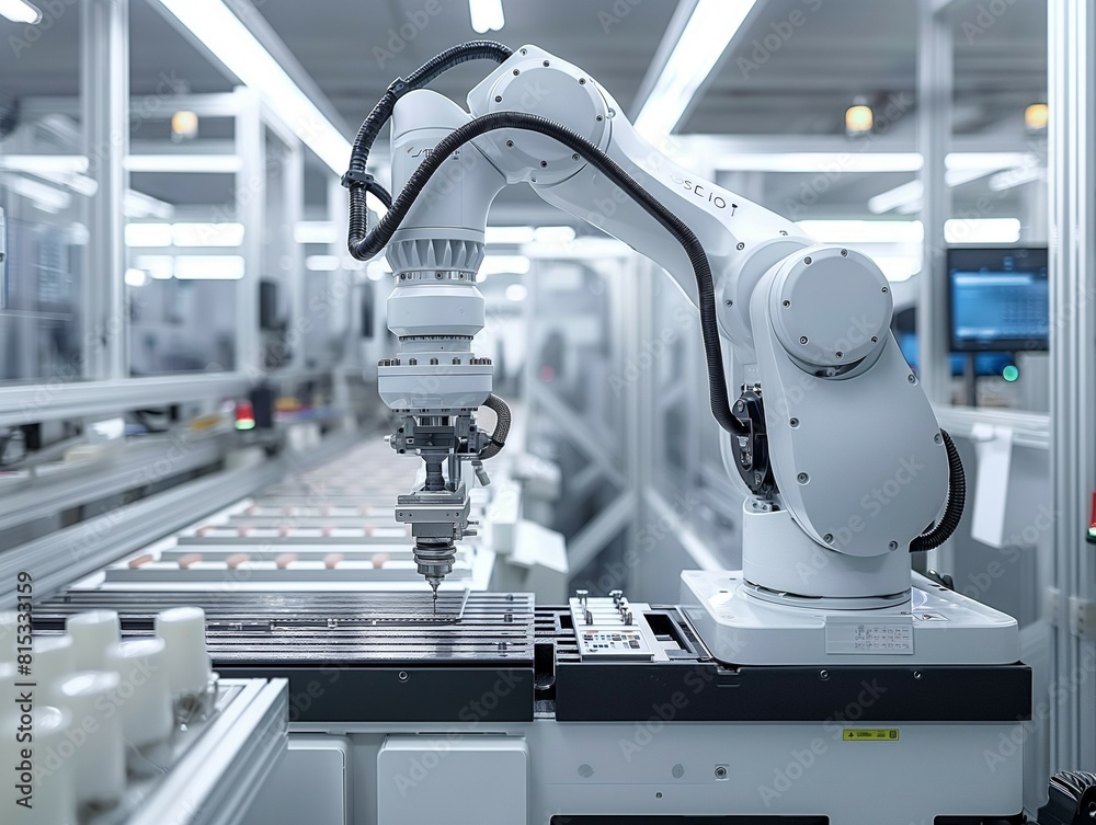 Witness the essence of high-tech manufacturing as an advanced robotic ...