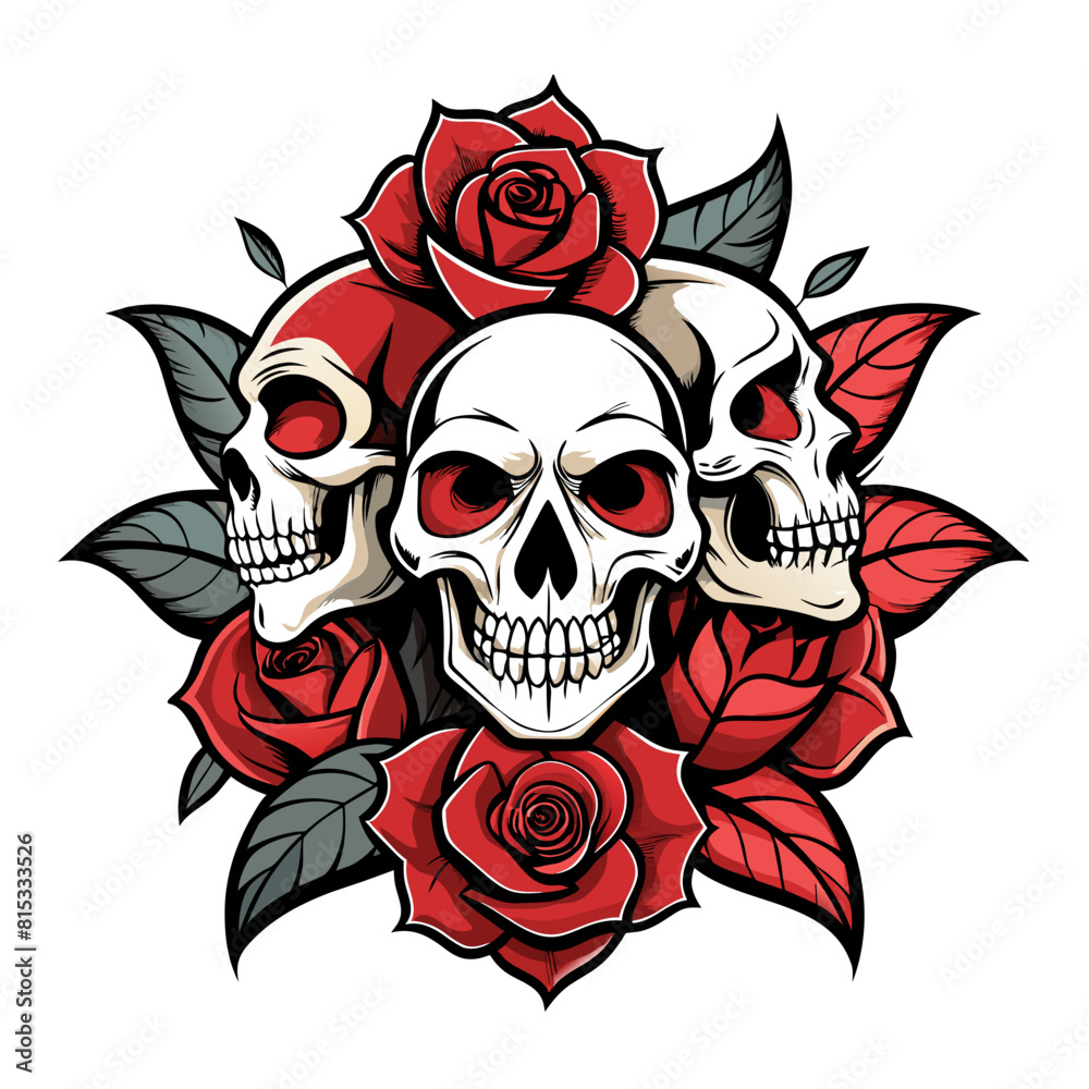 Artwork portraying a skull and roses intertwined with decorative ...
