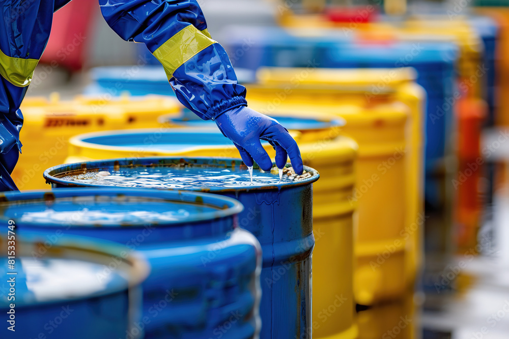 Worker handling chemical solutions in industrial setting, adhering to ...