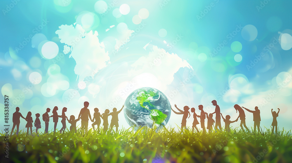 Diverse group of people holding hands around a globe, unity and ...