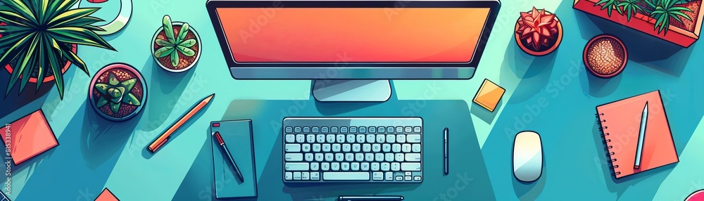 Virtual screen for remote work flat design top view home office setup ...