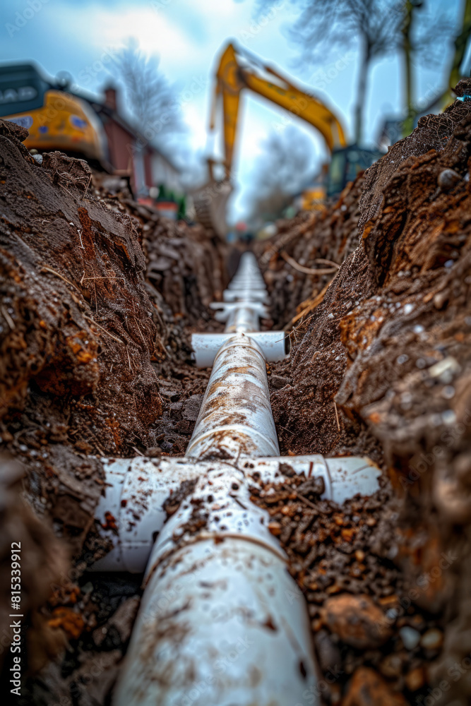 excavation deep trench. intersecting white pvc pipes.generative ai ...