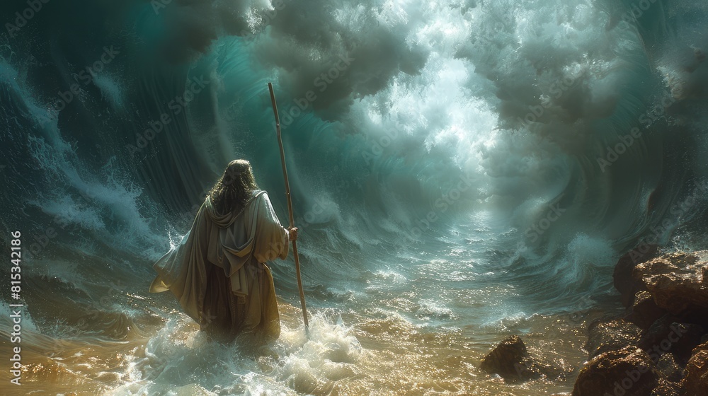 Portrait of the biblical back view of Moses dividing the sea with his ...