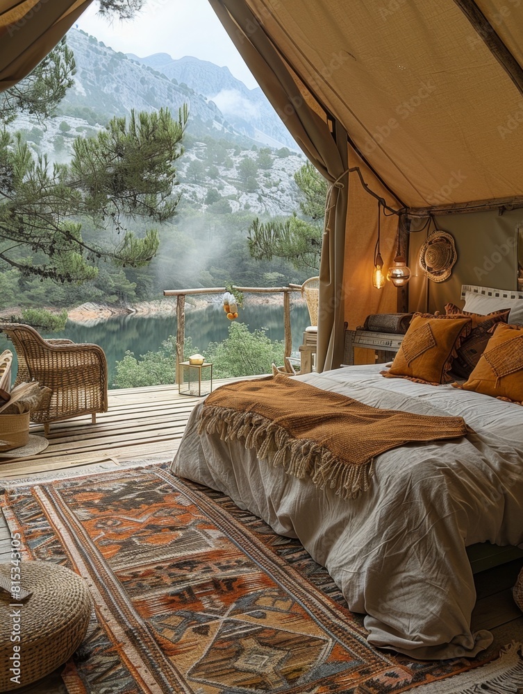Glamping with fireplace, natural luxury hotel interior, bed with ...