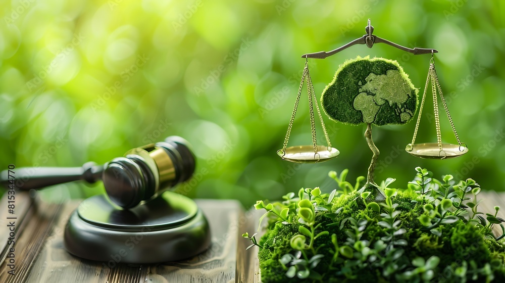 Environment Law Green World and gavel with scales of justice on the ...