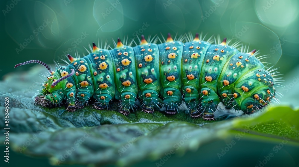 Macro portrait of green caterpillar on leaf, out of focus background ...