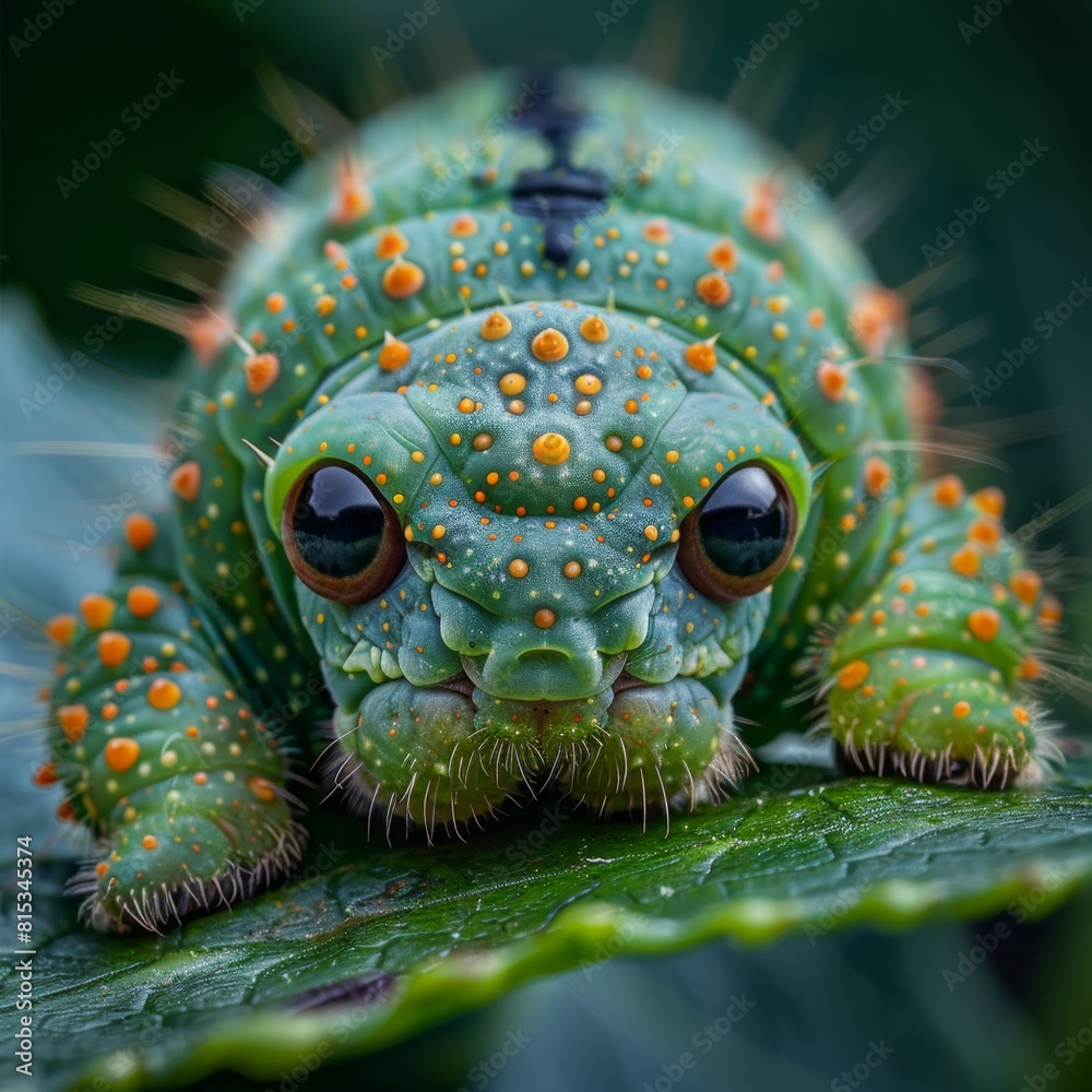 Macro portrait of green caterpillar on leaf, out of focus background ...