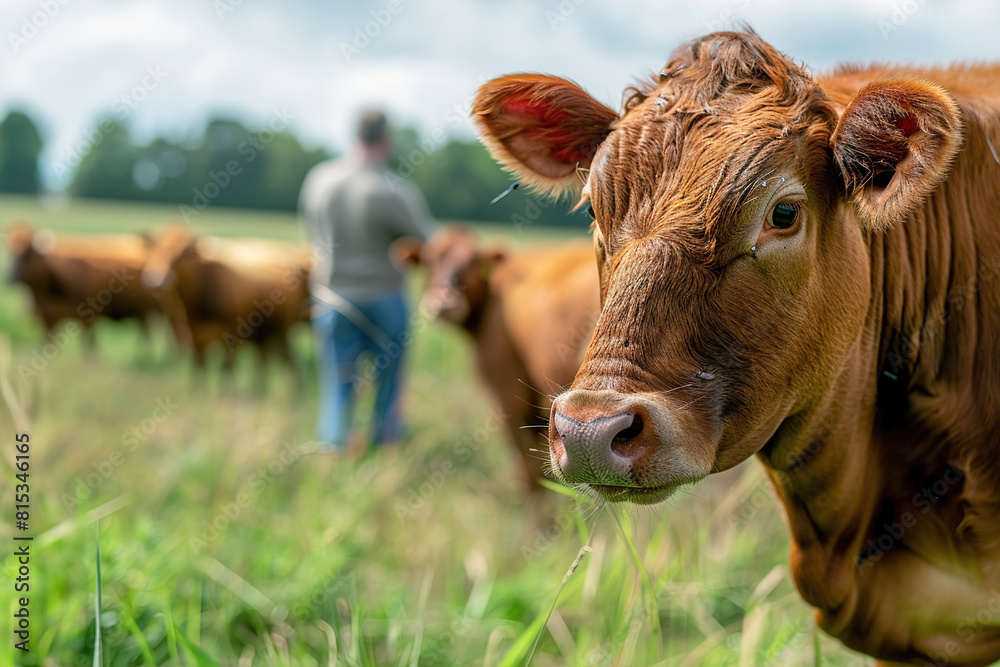 Farmer monitoring livestock with sensor technology, optimizing animal ...