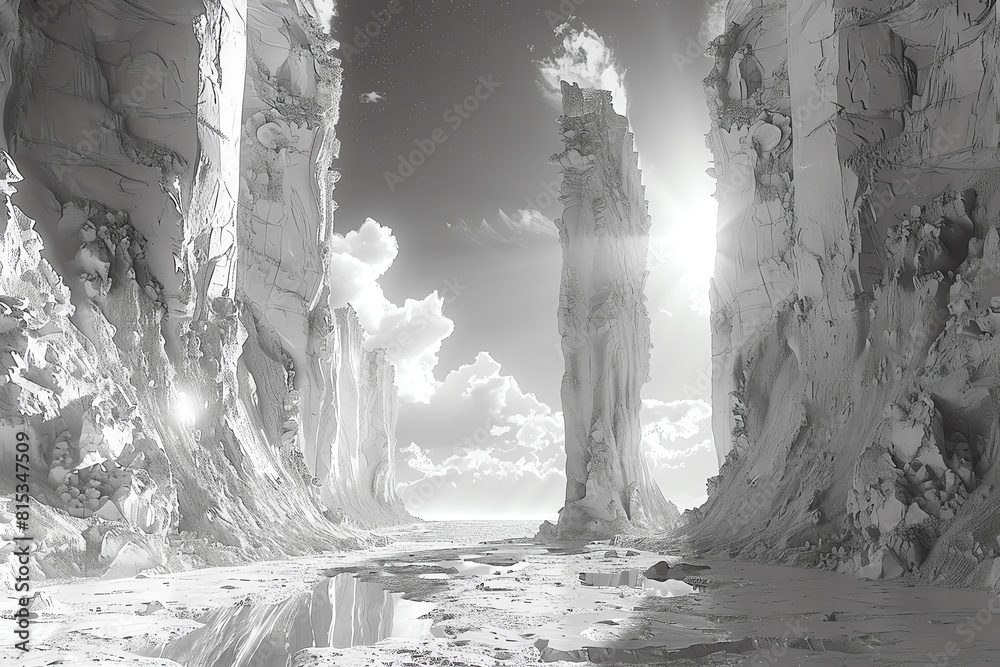 Dimensional rift opening in a beautiful alien landscape, front view ...