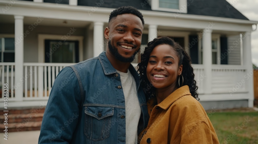 Happy young married black african american couple standing in front of ...