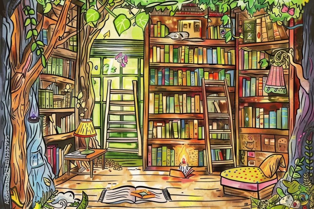 Cartoon cute doodles of a cozy library filled with towering bookshelves ...
